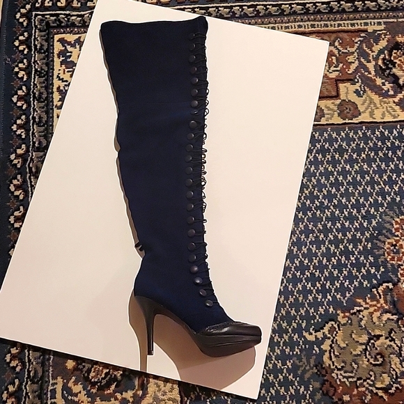 Mojo Moxy | Shoes | Vintage Blue Suede Loop Button Knee High Boots ...